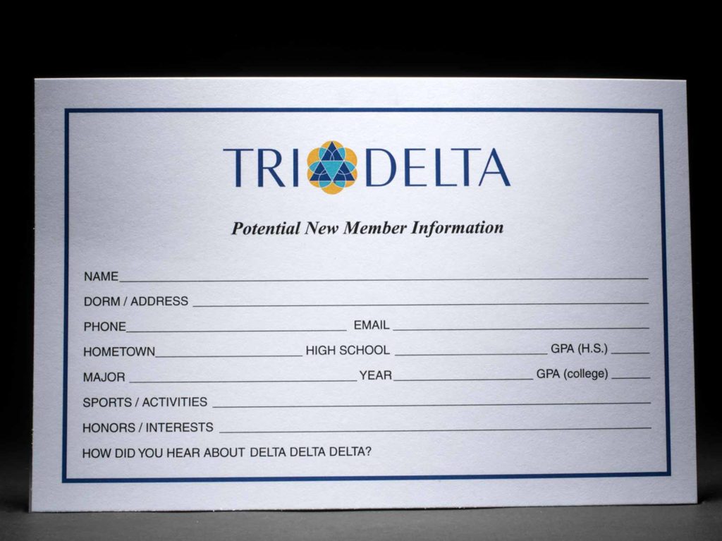 Potential New Member Information Cards Delta Delta Delta | GreekStation